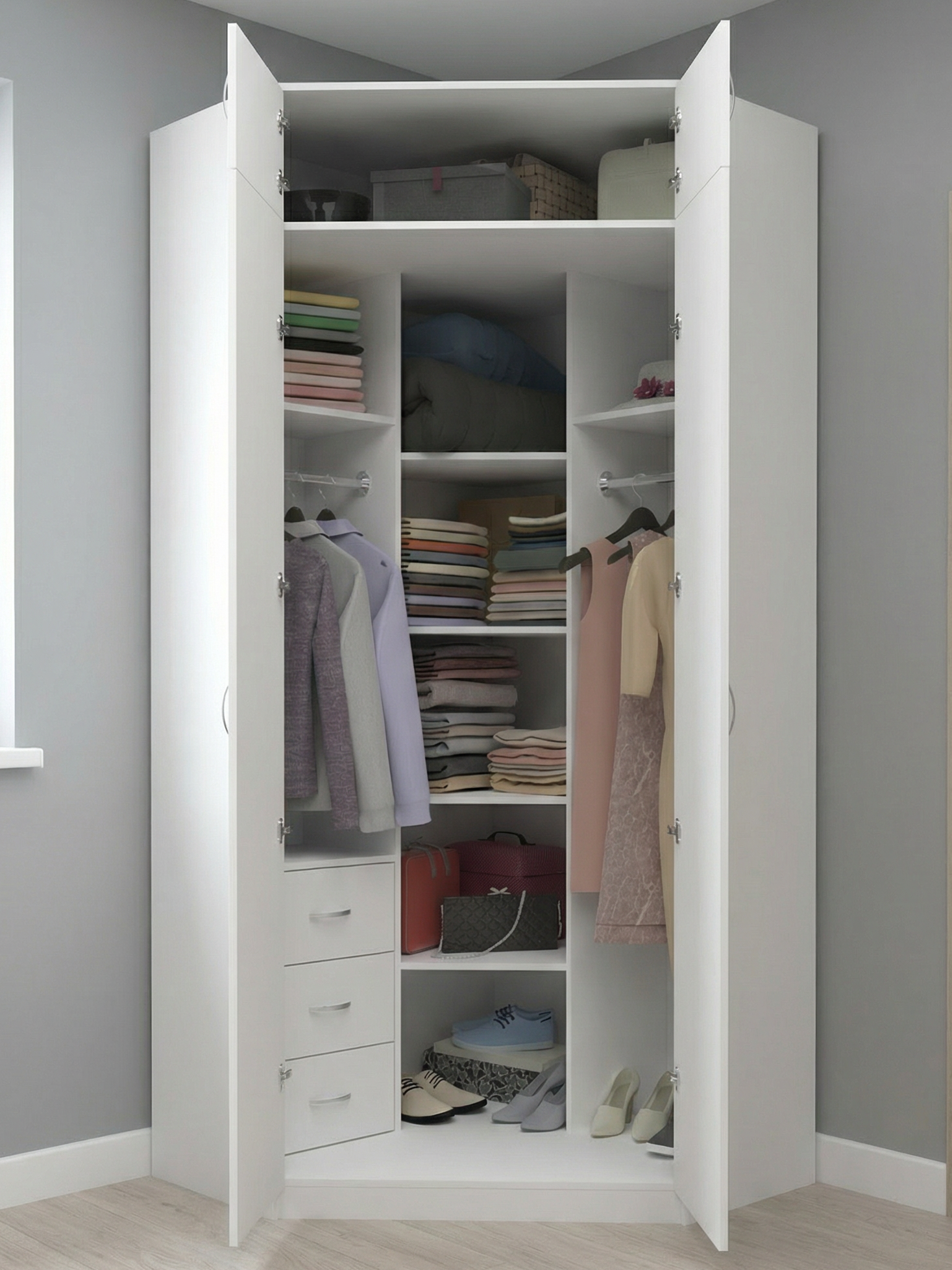 Шкаф угловой распашной Анри-15 с антресолью, 3 ящиками, 7 полками и 2 штангами для вешалок, белый