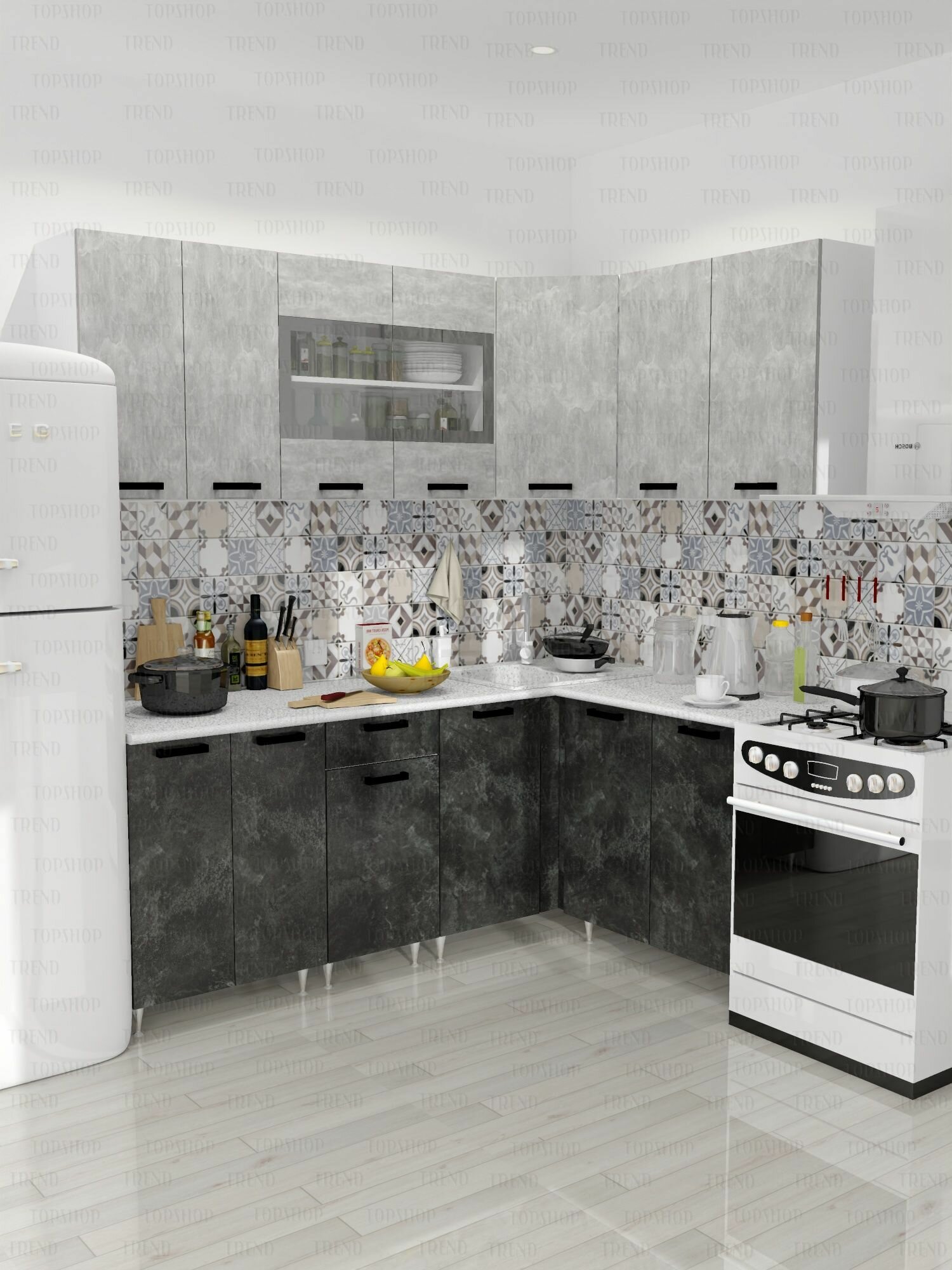 Кухонный гарнитур 200х140 см, Бетон /Антарес