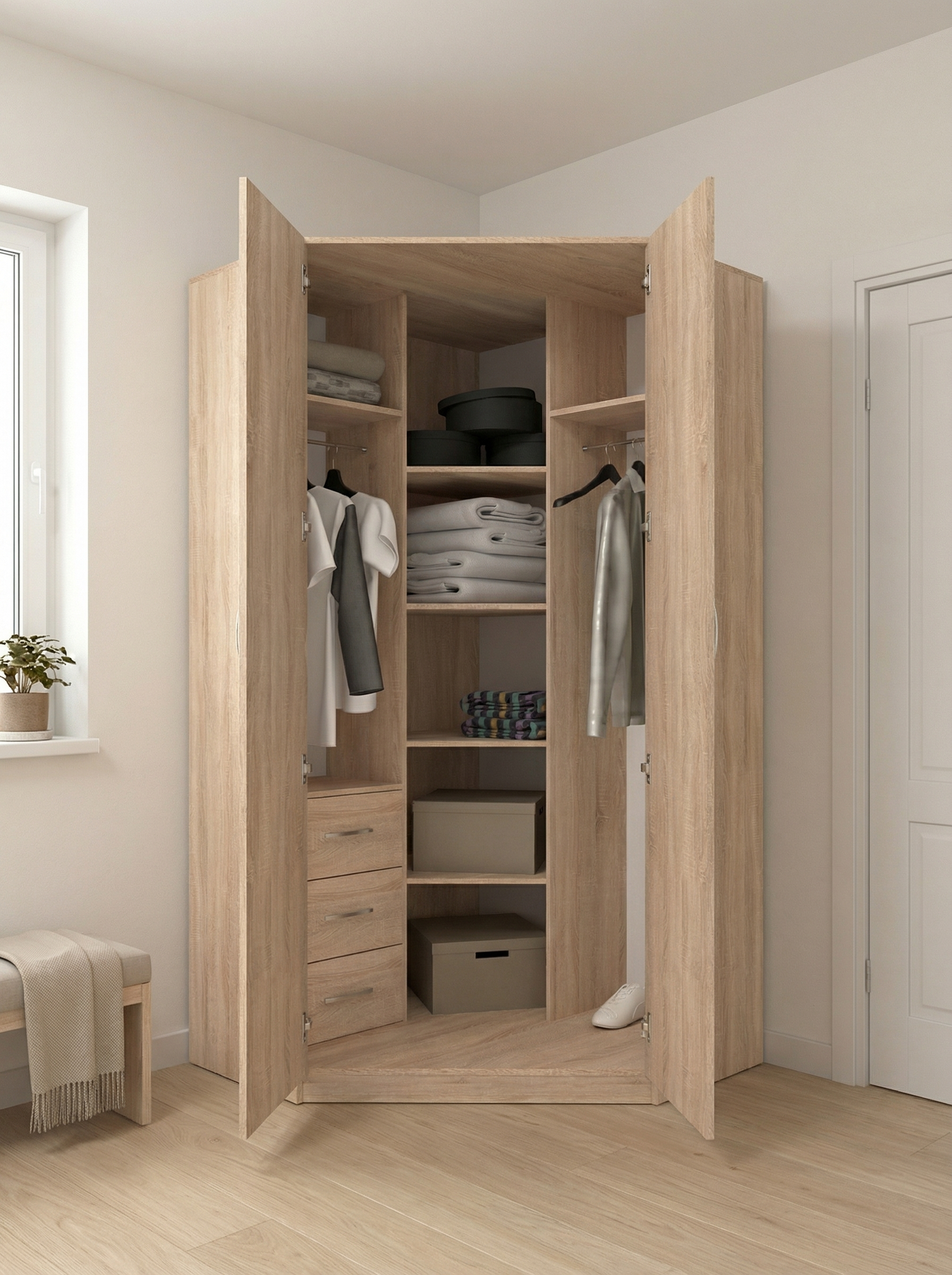 Шкаф угловой распашной Анри-5 с 3 ящиками, 7 полками и 2 штангами для вешалок, дуб сонома