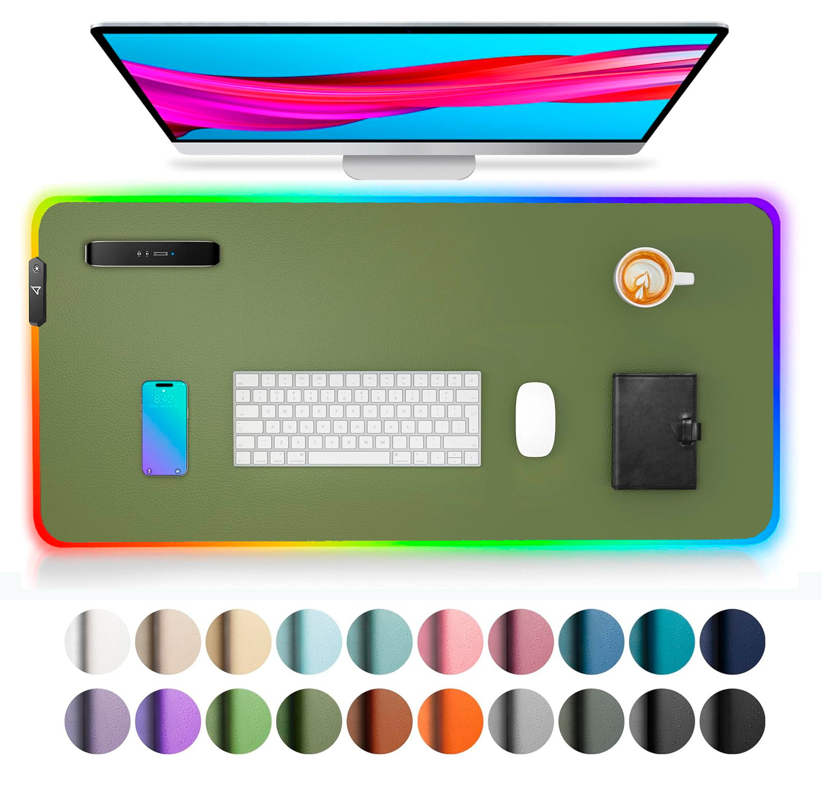 Коврик для мыши и клавиатуры с RGB подсветкой 40 см х 80 см , защитный, большой, водонепроницаемый, кожаный, зеленый