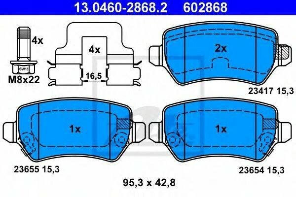 Колодки тормозные ATE 13-0460-2868-2, задние, c датчиком Opel Astra G 1.2-2.2, DTI, CDTI, 16V 09, 98-01, 05, H 1.2-2.0, CDTI 03, 04, Meriva 1.3-1.8, CDTI, 16V 05, 03, Zafira 1.6-2.2, CDTI 04, 99