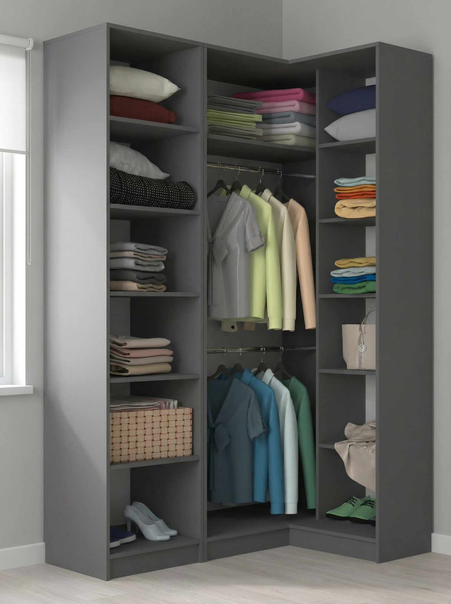 Открытый гардеробный угловой шкаф Макс-9 с 2 штангами для вешалок и 13 полками, ШхГхВ: 160х100х210 см, графит