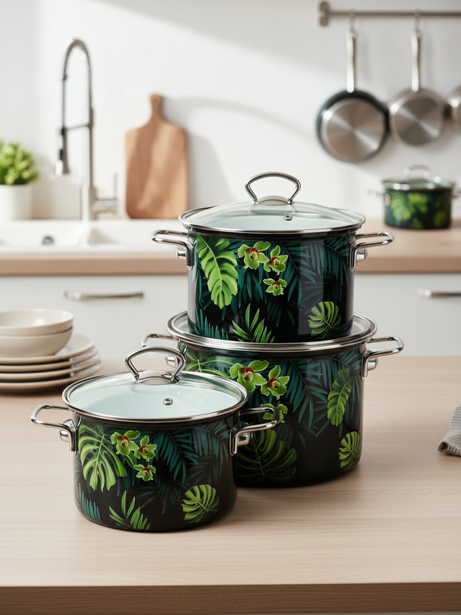 Набор эмалированных кастрюль Керченский металлургический завод Тропическая ночь-5-1-Элит, 3 предмета, 2.5, 3.5, 5 л