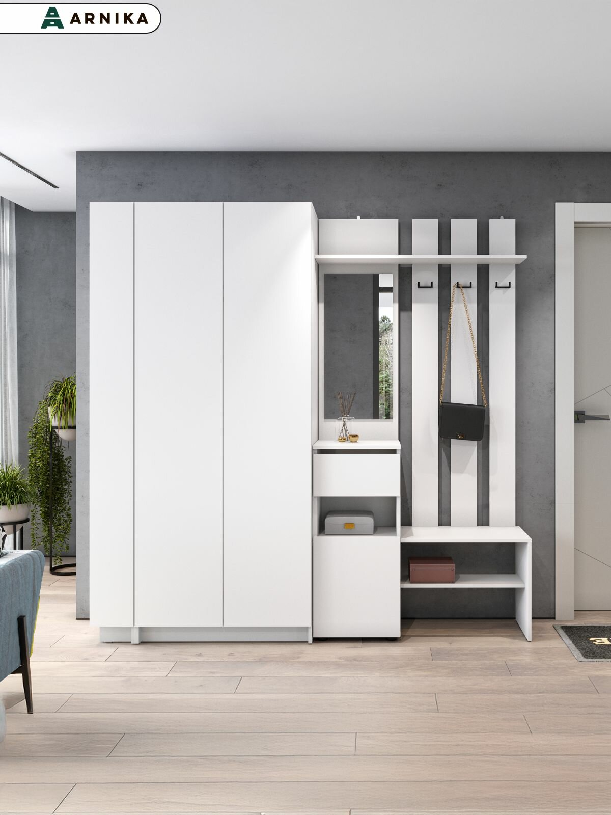 Прихожая ARNIKA Бали, с зеркалом и вешалкой, ЛДСП, цвет белый, 2 м