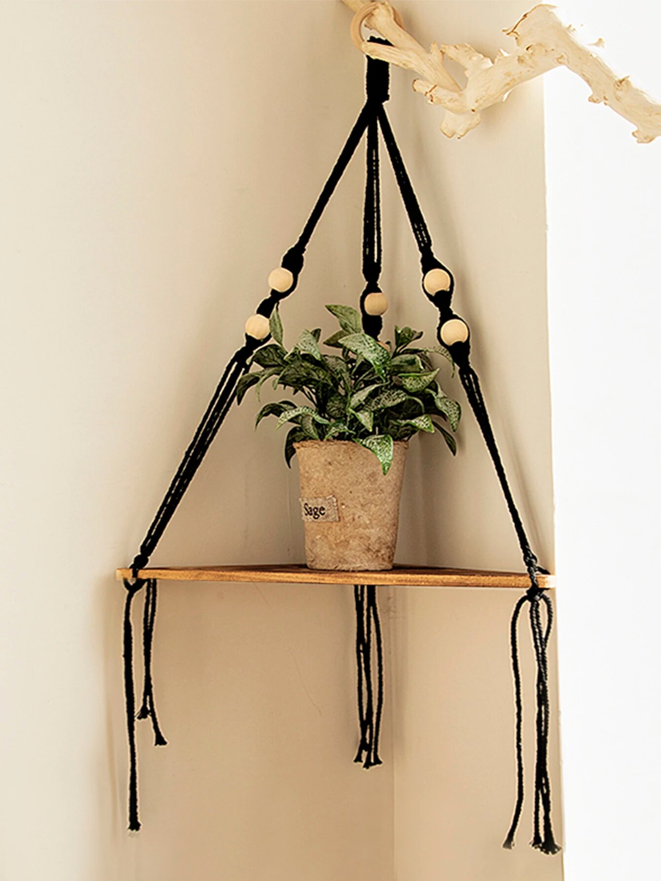 Деревянная угловая полка бохо Черный, corner shelf M01513