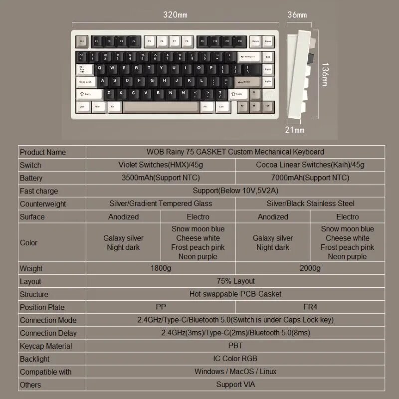 Игровая клавиатура беспроводная Rainy75, NeonPurple, RGB, WOBSwitches, Electro, Английская раскладка, сиреневый, белый