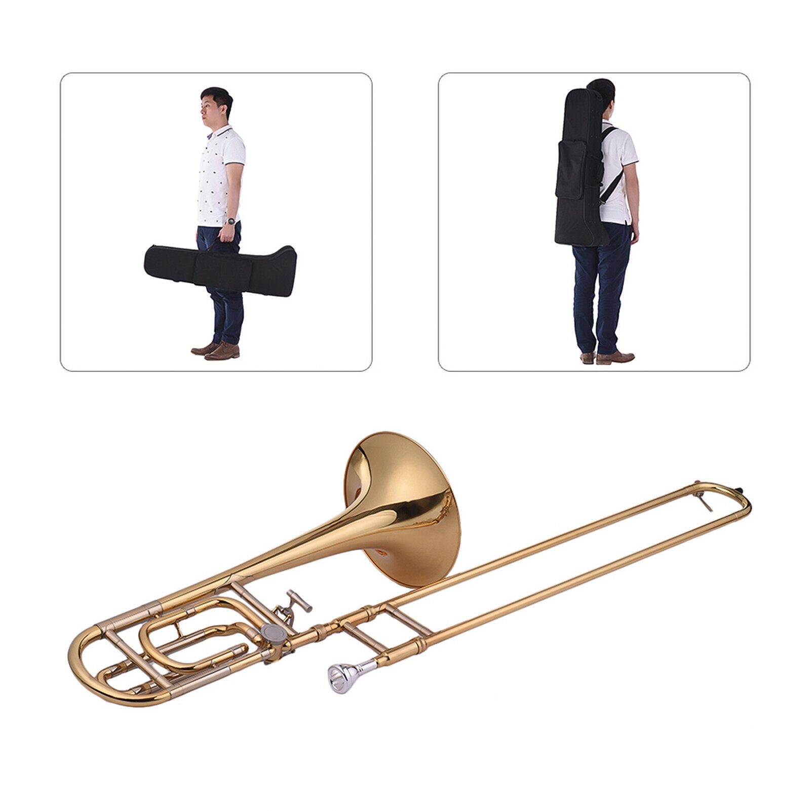 Тенорный слидный тромбон Bb с прикреплением F, включающий роток, кейс, перчатки, салфетку для очистки, цвет золото-серебро, материал латунь-куприковий никель, вес 1805 г, набор 1 тромбон, 1 роток, 1 пара перчаток, 1 салфетка, 1 кейс