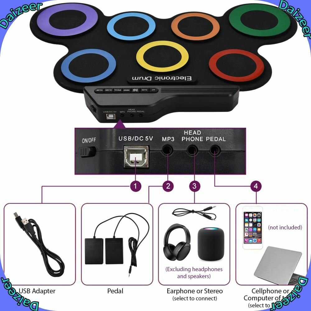Электронный набор барабанов, 7 пэдов, с возможностью подключения наушников, для домашних занятий