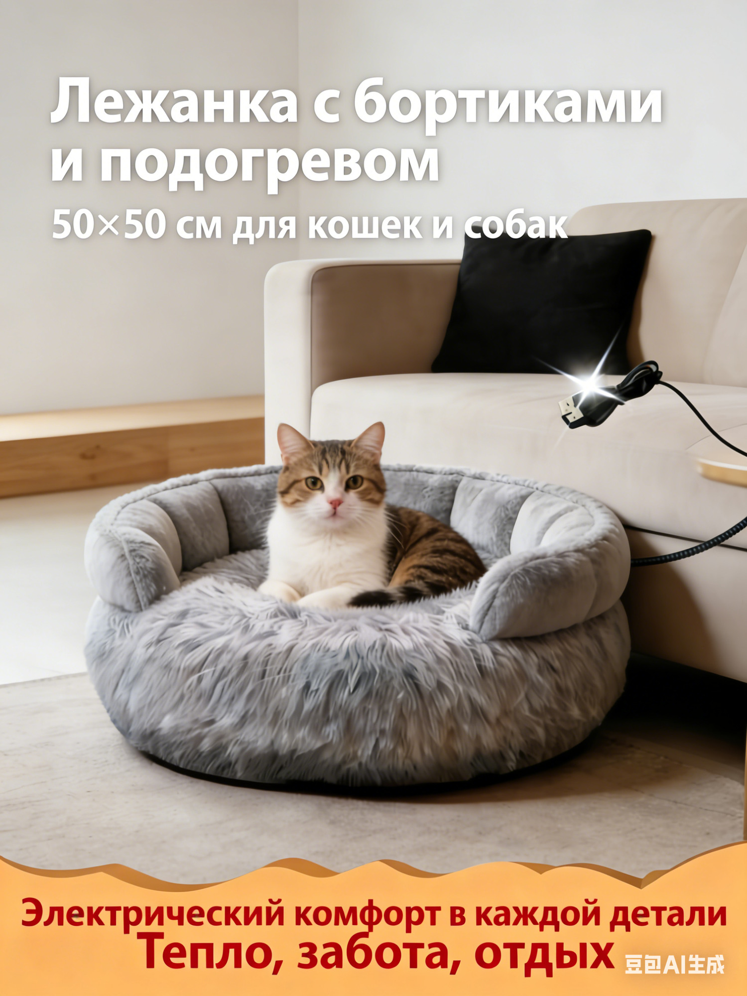 Лежанка для собак и кошек с подогревом 50x50x20см, коврик с подогревом для животных, грелка электрическая，серый