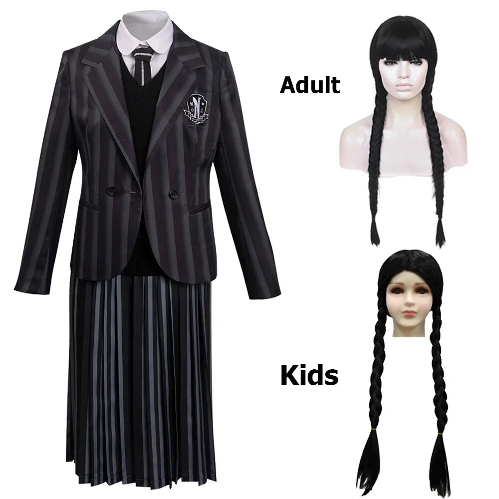 Среда Аддамс, парики для косплея, сумка, женский костюм, детская школьная форма для девочек, ТВ, среда, ролевая игра, фантазия, Хэллоуин, карнавал OC5843