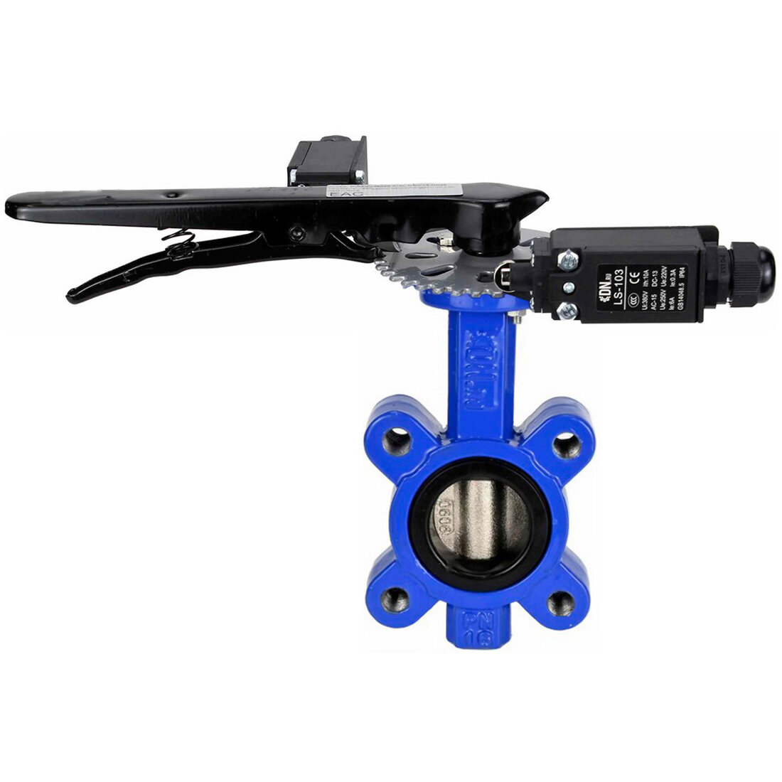 Затвор дисковый поворотный DN. ru QT450-304-NBR-2W-Fb-H Ду65 Ру16 межфланцевый, корпус - чугун QT450, диск - чугун QT450, уплотнение - NBR, с рукояткой и двумя концевыми датчиками LS-103-41NM2-250 (опрессовано)