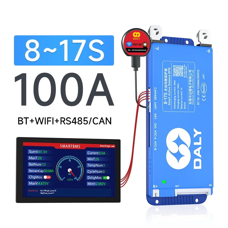 DALY Smart BMS для литиевых аккумуляторов 8-17S 100ABMS 4.3LCD