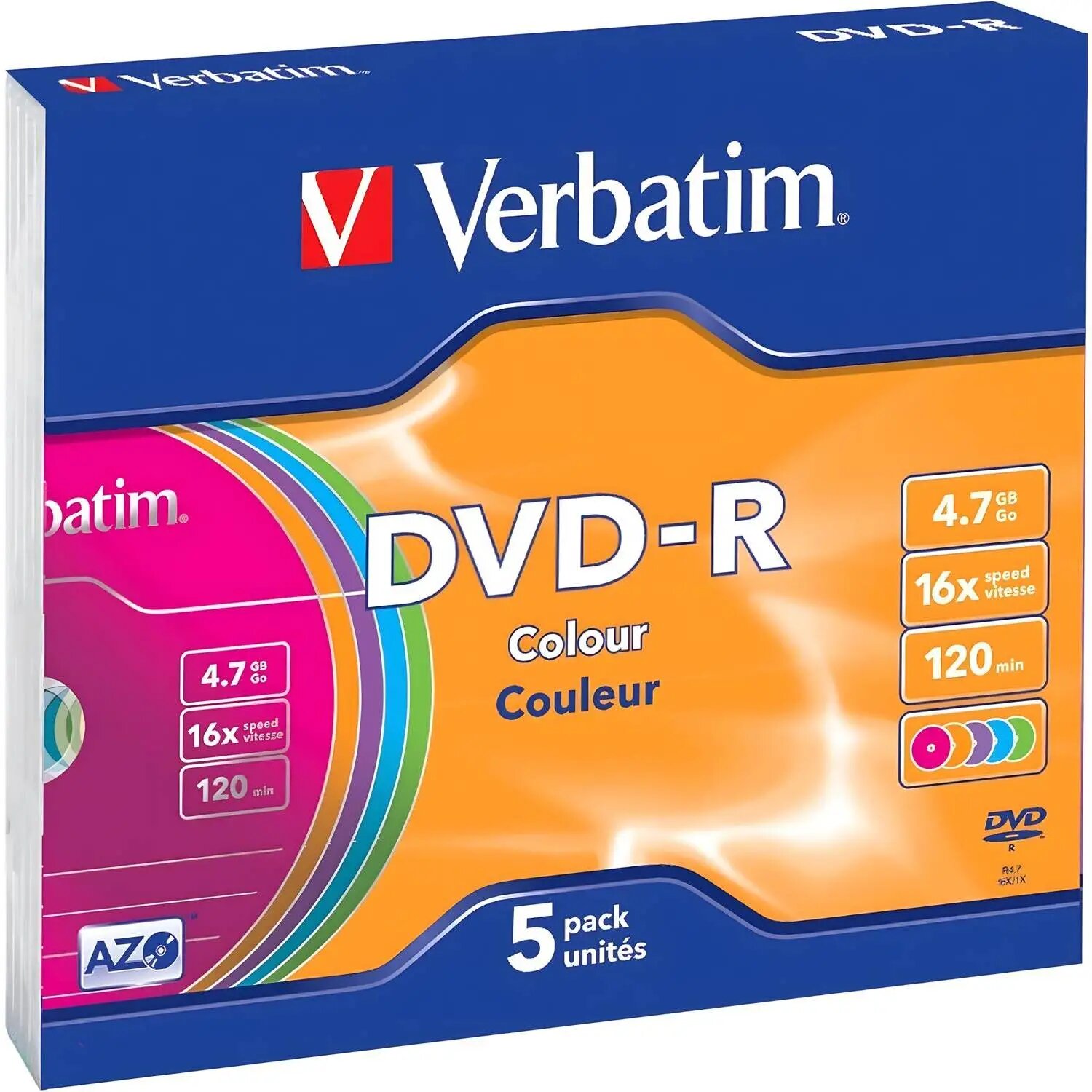 Носители информации DVD-R, 16x, Verbatim Azo Colour, Slim/5, 43557