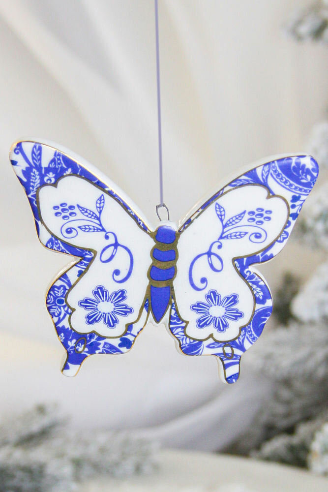 Ёлочная игрушка бабочка - делфтский гость, фарфор, 10 см, Kurts Adler J7462-1