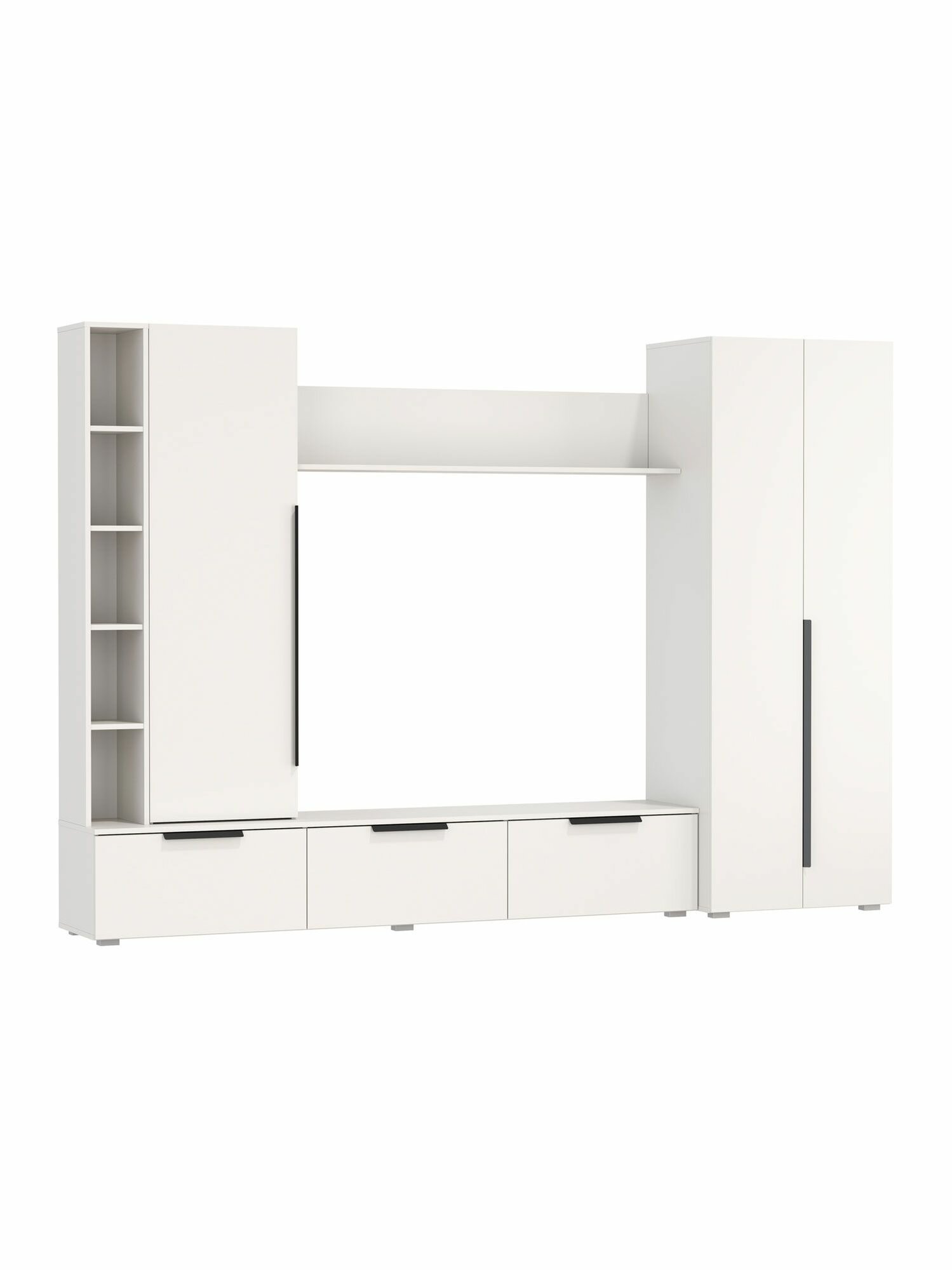 Гостиная комплект Аккорд Макси, ТВ-тумба, шкаф, настенная полка, с полками, со штангой, 268.8х49х186.2 см, Белый