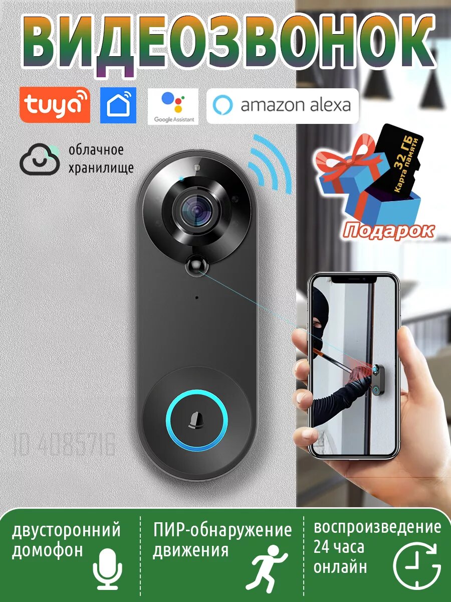 WiFi видеоглазок с датчиком движения, видеозвонок с домофоны, Tuya APP, Обнаружение движения