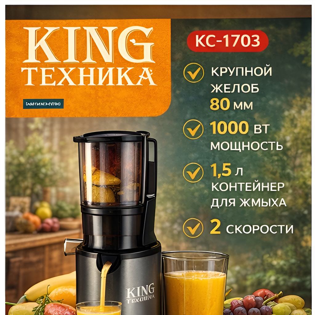 Мощная центробежная соковыжималка King Technika 1000 Вт с широким желобом 80 мм