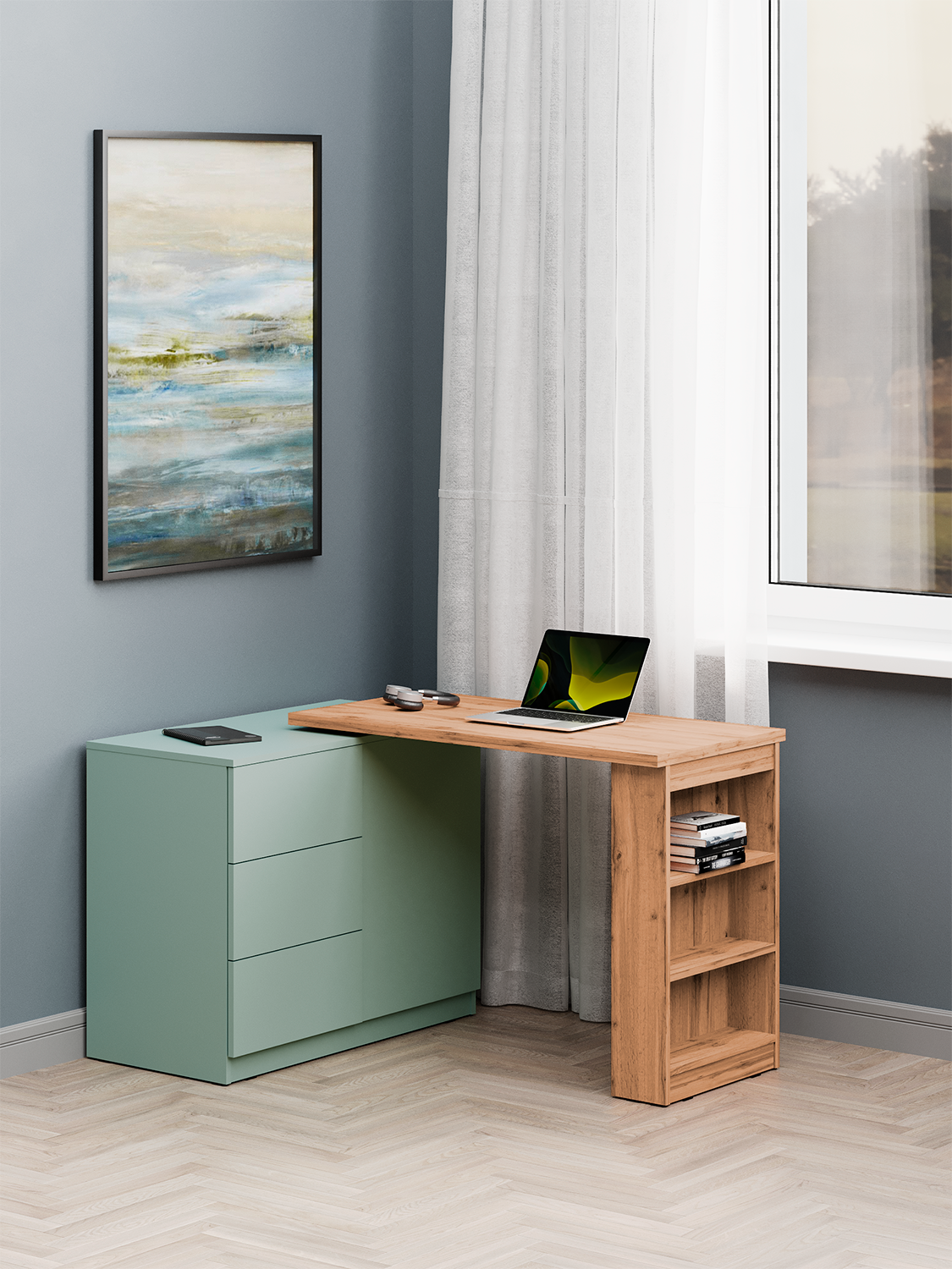 Стол угловой письменный трансформер, комод 105х50х77 см, Дуб Вотан. Столешница 25 мм.