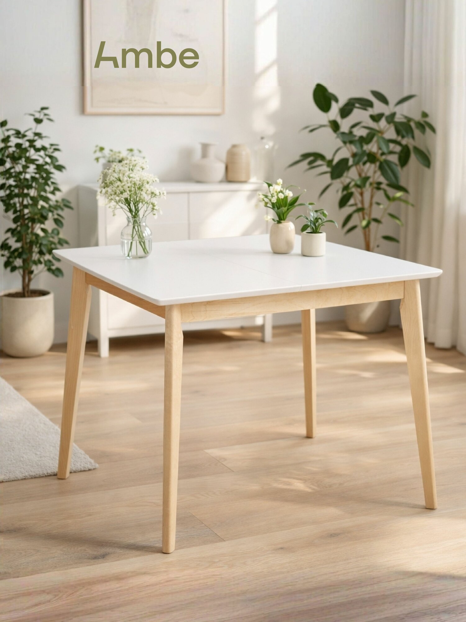 Ambe Стол кухонный обеденный деревянный раздвижной Норден 90(120)х60 Белый, ножки натуральное дерево