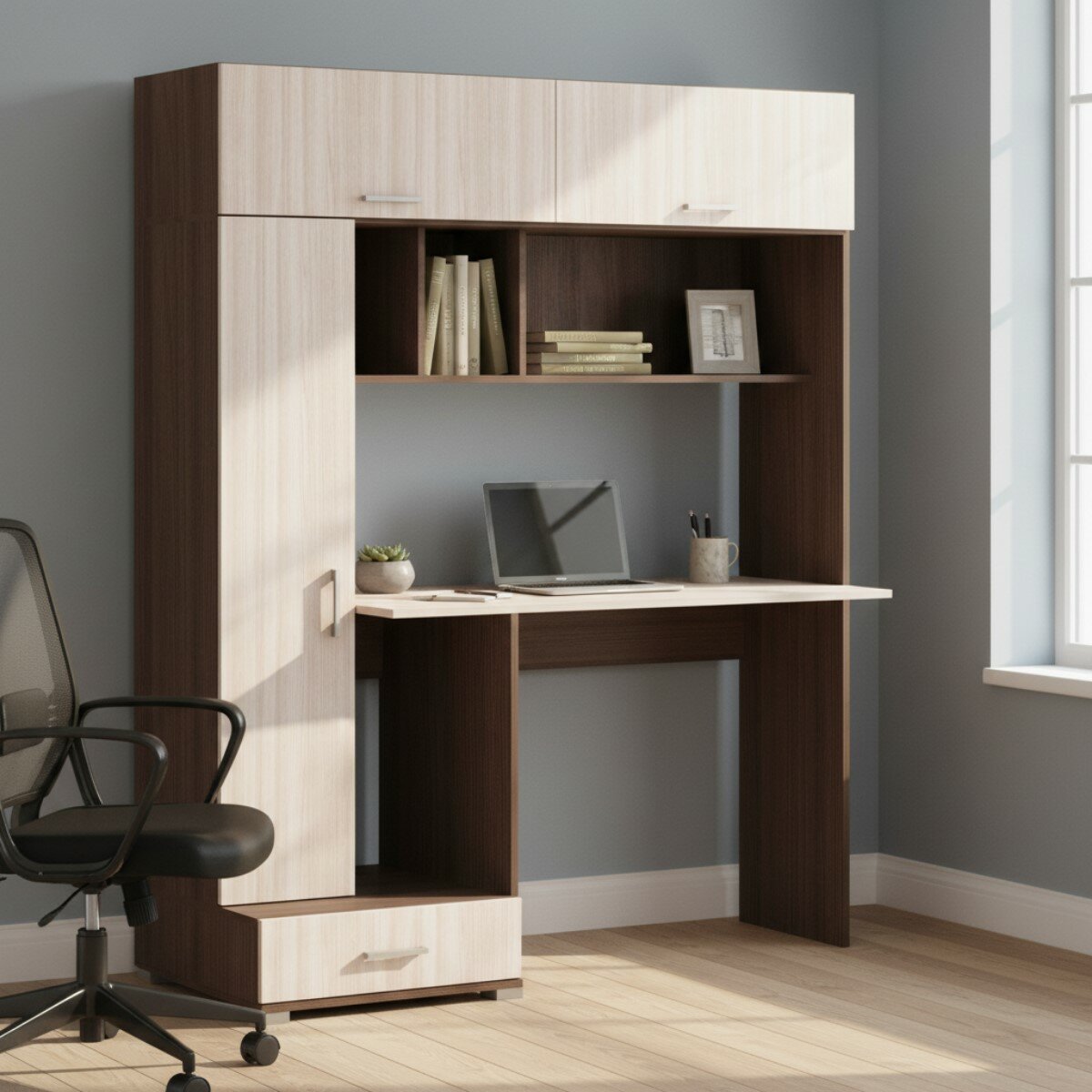 Компьютерный стол Памир ПКС-1, ЛДСП, Ясень Шимо Тёмный/Светлый, Ширина 1500 мм х Высота 1800 мм х Глубина 570 мм.