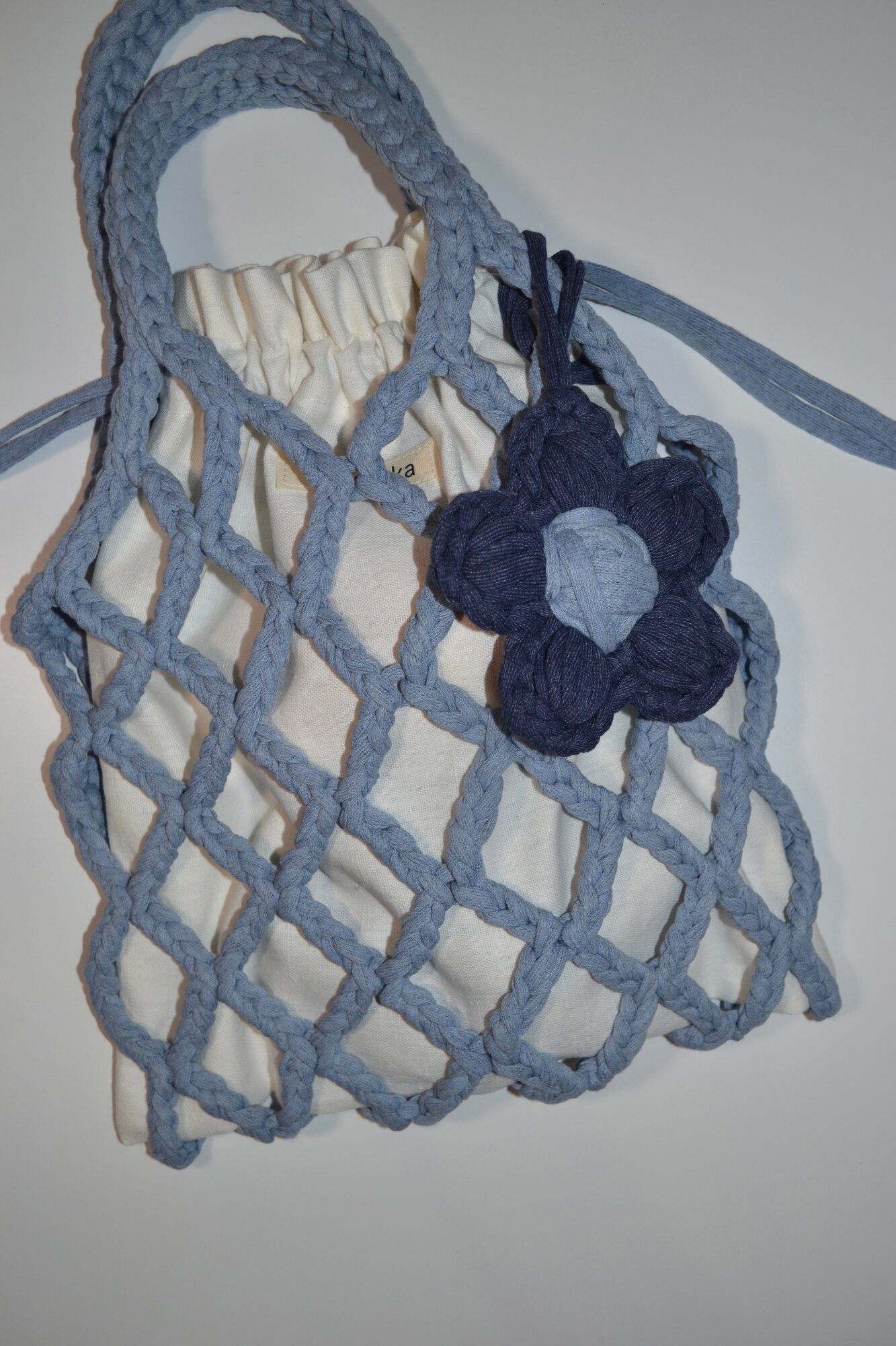 Сумка авоська  с брелком-цветком, anitochka.shop, голубой меланж