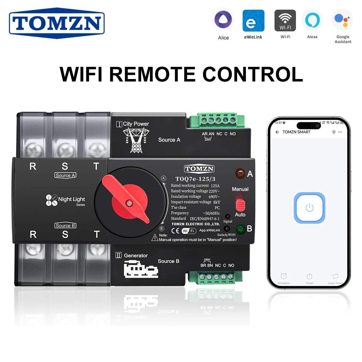 TOMZN Wi-Fi Умный автоматический переключатель питания 230В 3-фазный 125A