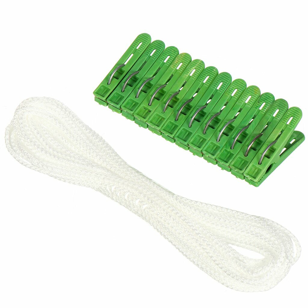 Набор для сушки белья Кона: прочная бельевая веревка и пластиковые прищепки, 12 штук, сделано в России, 8969-1/12-310