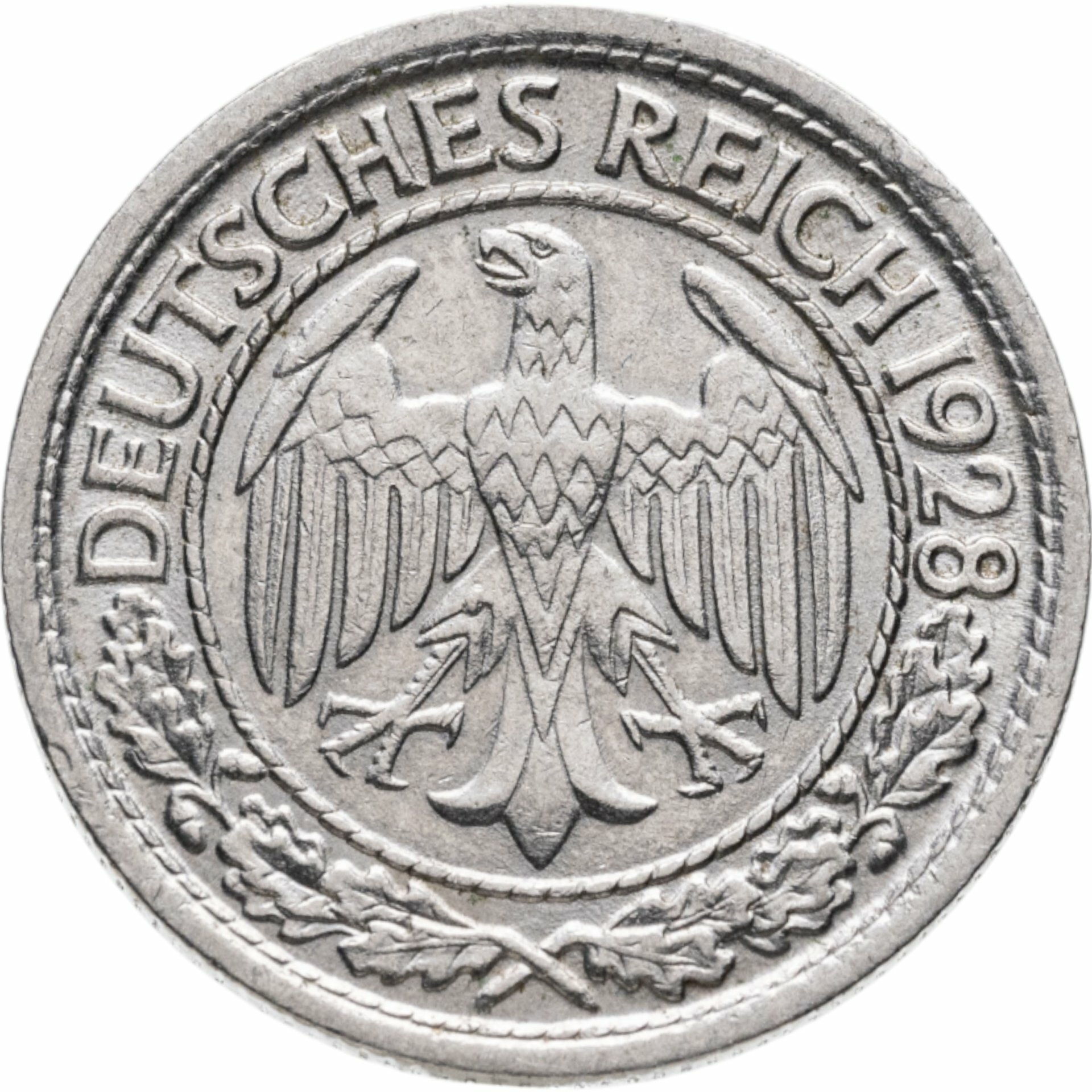 Германия 50 рейхспфеннигов reichspfennig 1928, знак монетного двора "F" — Штутгарт, Никель, в сохранности XF-AU