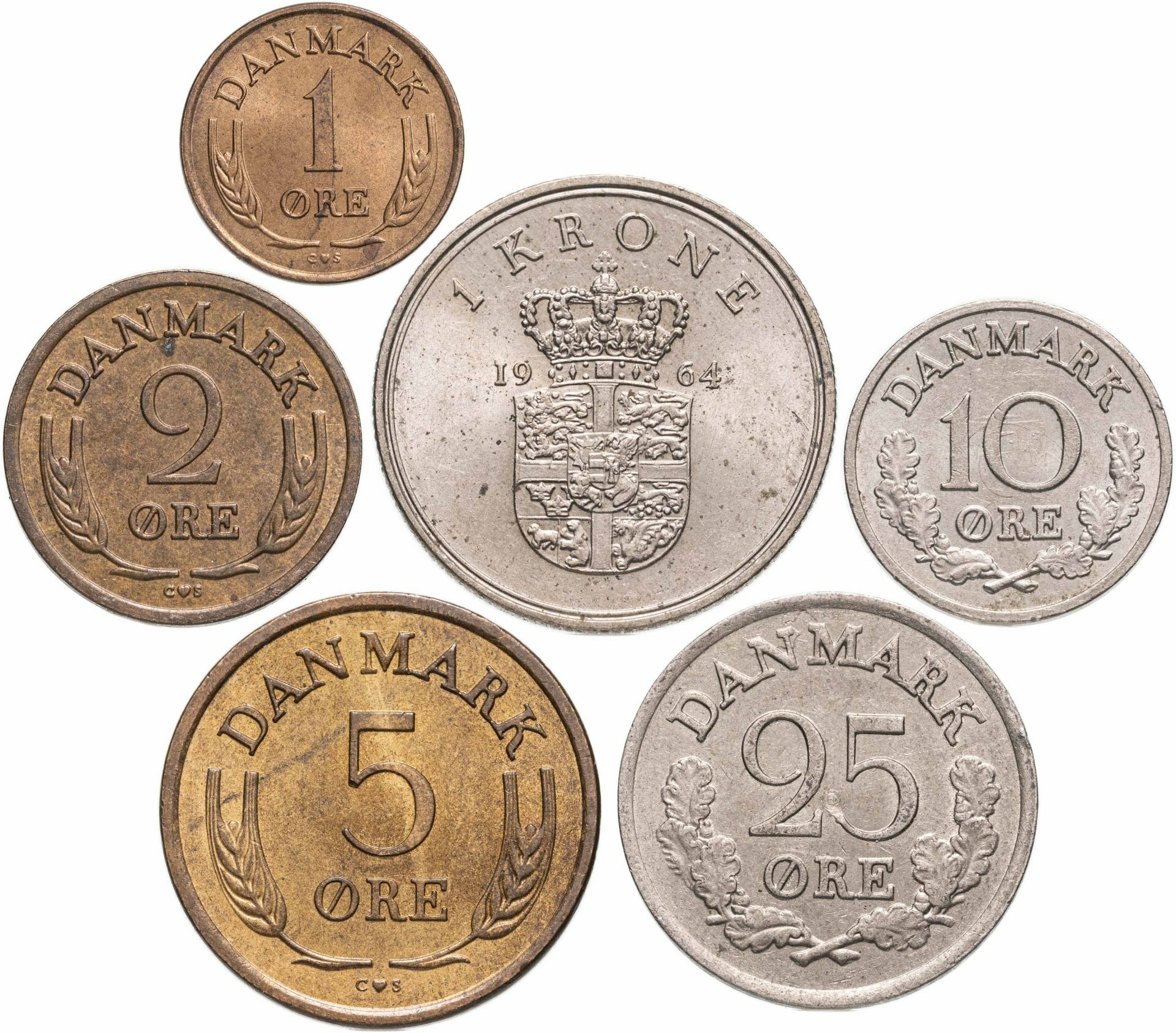 Дания набор монет 1-25 эре и 1 крона 1964 6 шт , Бронза, Мельхиор, в сохранности VF-XF