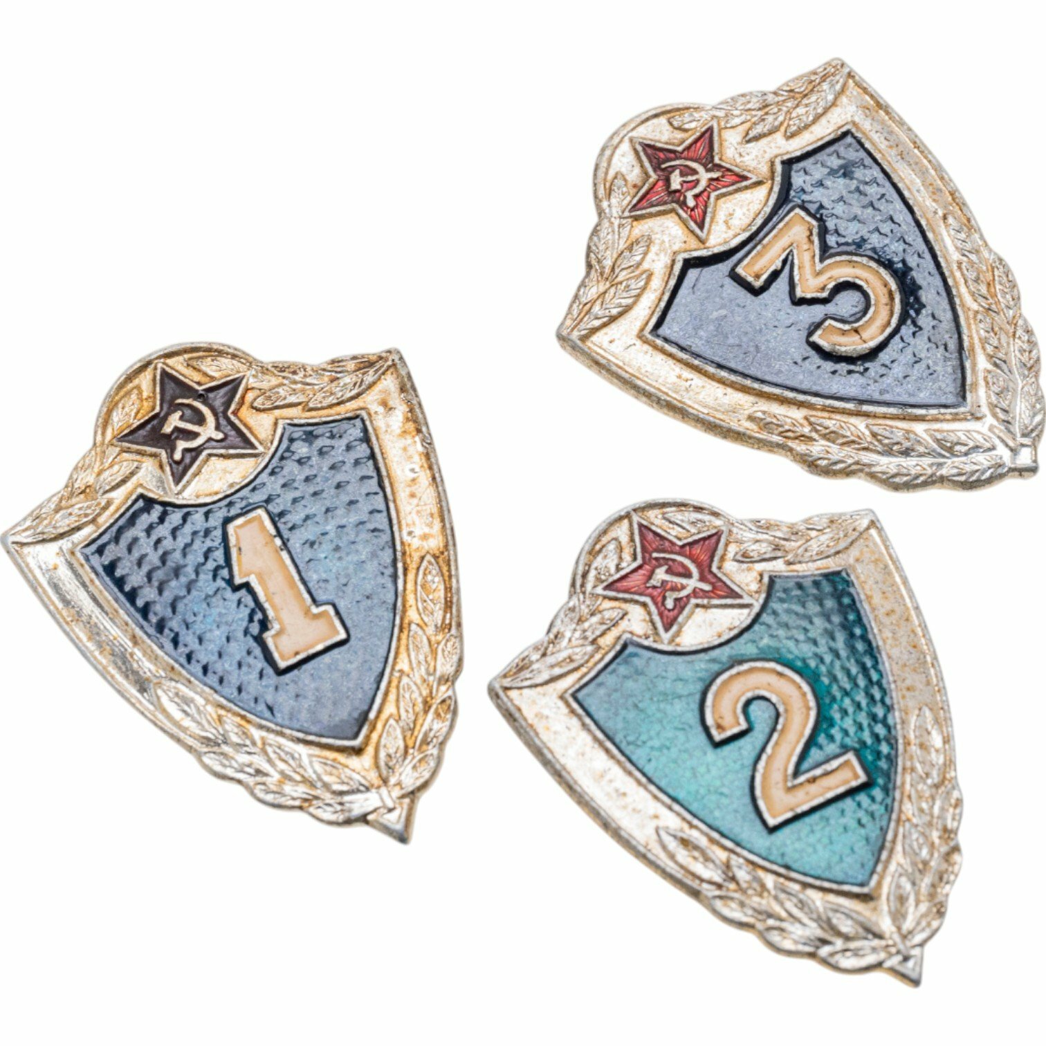 Набор из 3-х нагрудных знаков "Армейская классность / классный специалист1, 2 и 3 класс", алюминий, эмаль, булавка, СССР