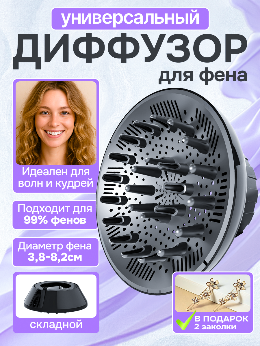Диффузор, для фена, универсальный, черный, 1 насадка, диаметр от 38 до 82 мм
