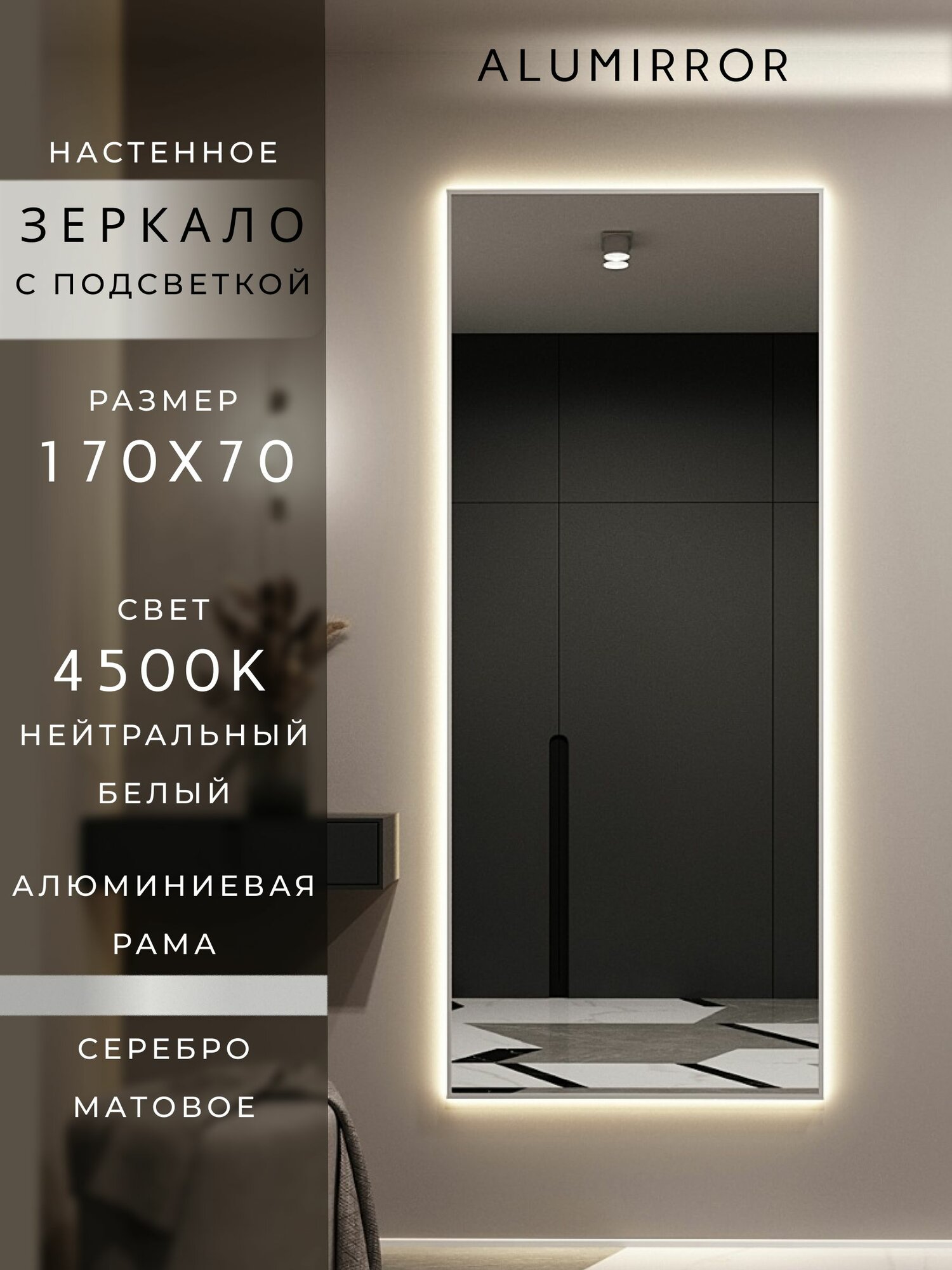 Зеркало настенное 170х70 см. серебро с подсветкой Свет: Нейтральный белый 4500К В алюминиевой раме интерьерное ALUMIRROR