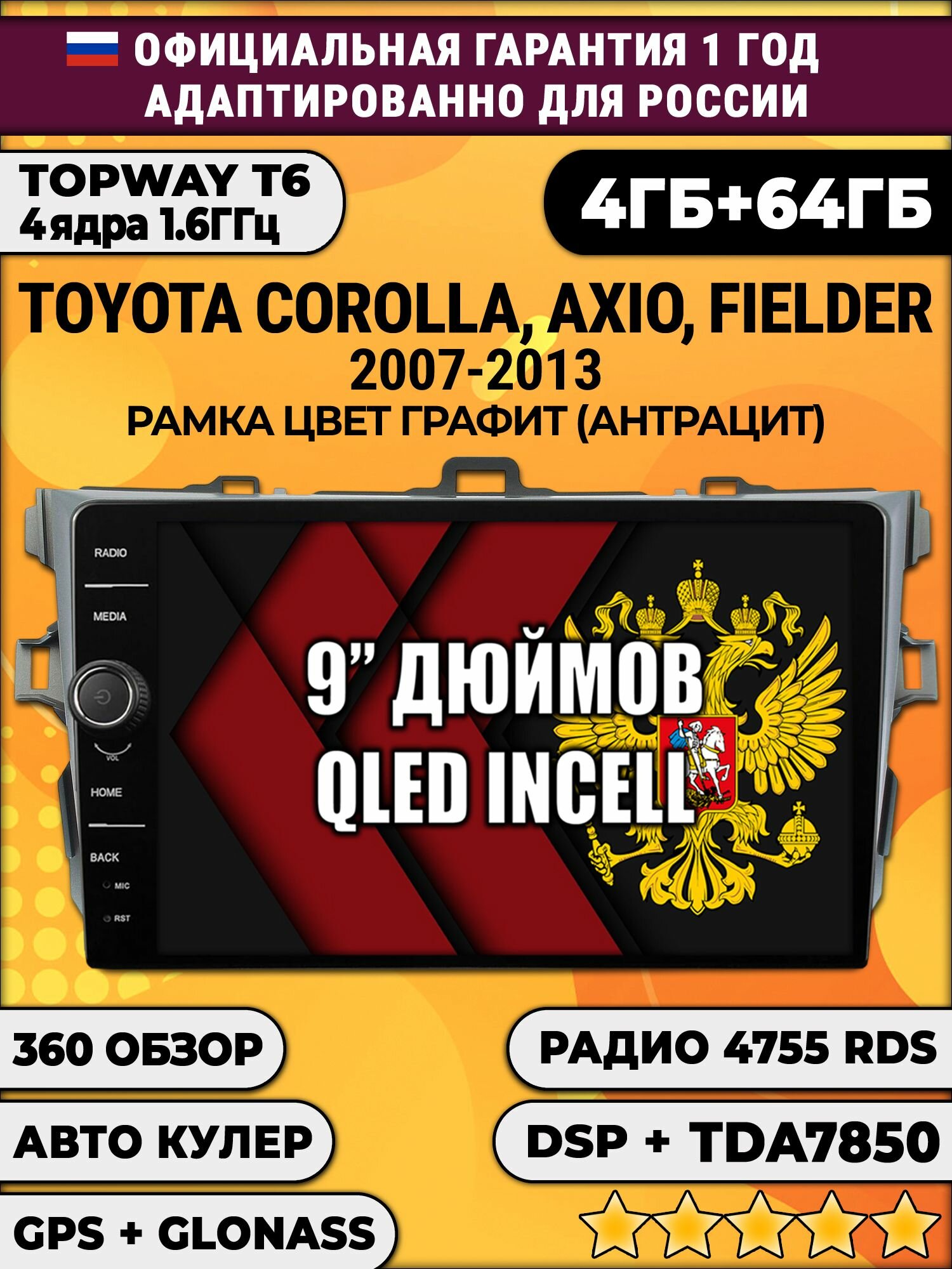 4гб+64гб с DSP и 360 для TOYOTA COROLLA (2007-2013), рамка темно серая, Android магнитола с DSP и усилителем TDA7850