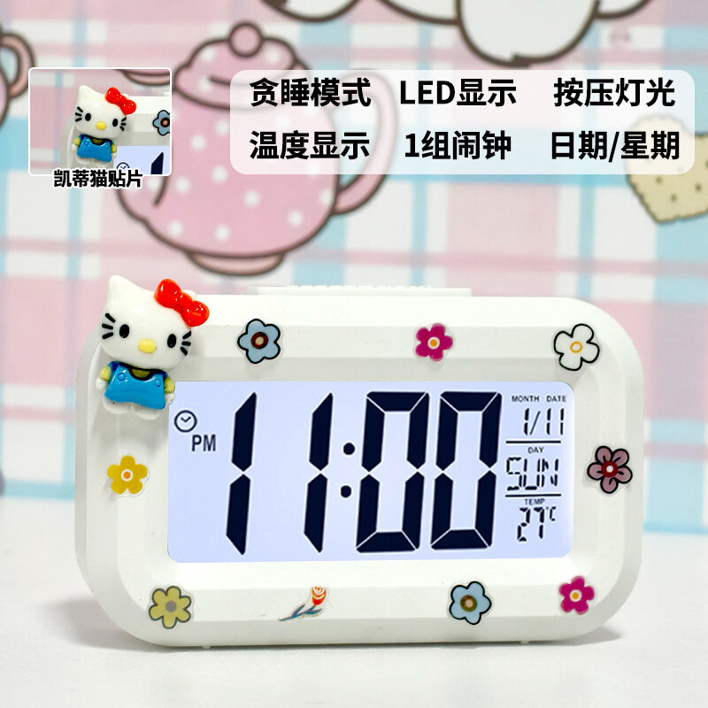 Будильник Hello Kitty Sanrio, светодиодная подсветка, с функцией таймера, случайные наклейки
