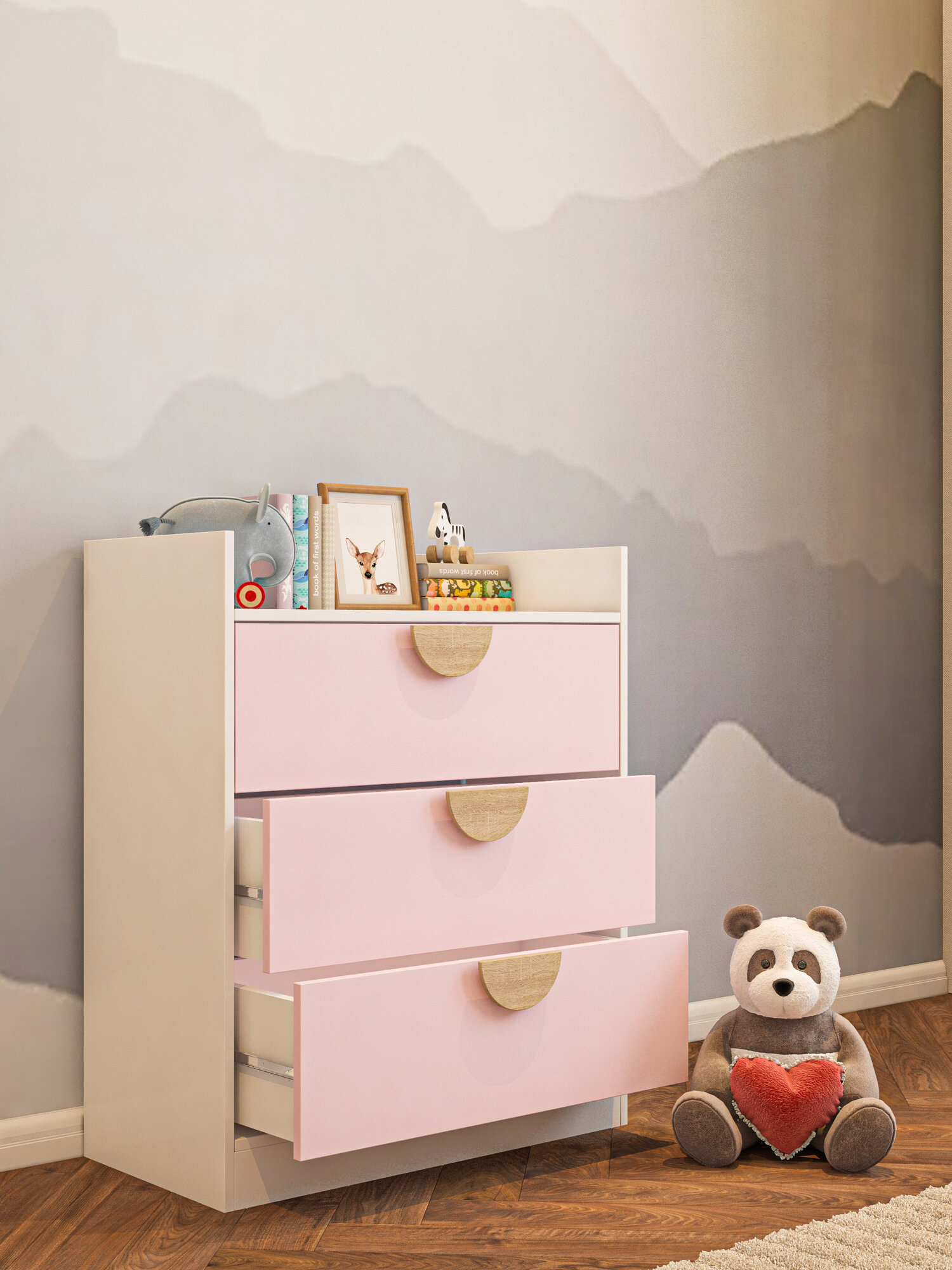 Комод детский с ящиками Монтессори, цвет белый/розовый зефир, деревянные ручки