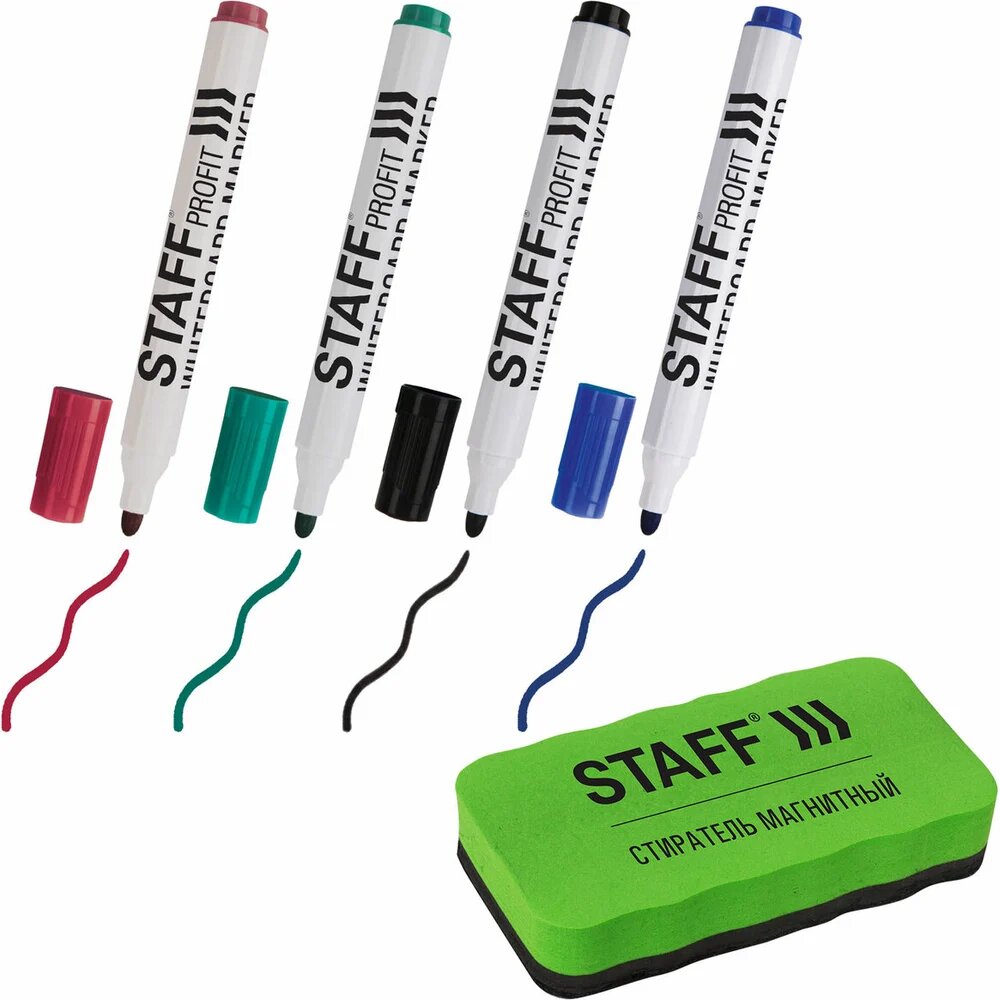 Staff Набор для белой маркерной доски (магнитный стиратель + маркеры стираемые 4 шт), Profit, 238847