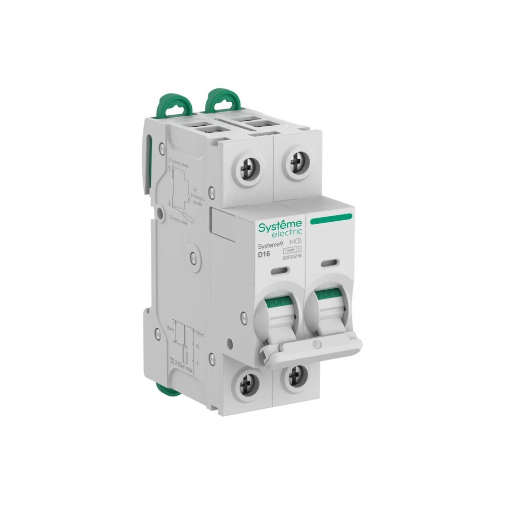 Systeme Electric Автоматический выключатель (АВ) Systeme9 хар-ка D, 16 A, 2 P, 10 kA, 400 В S9F33216