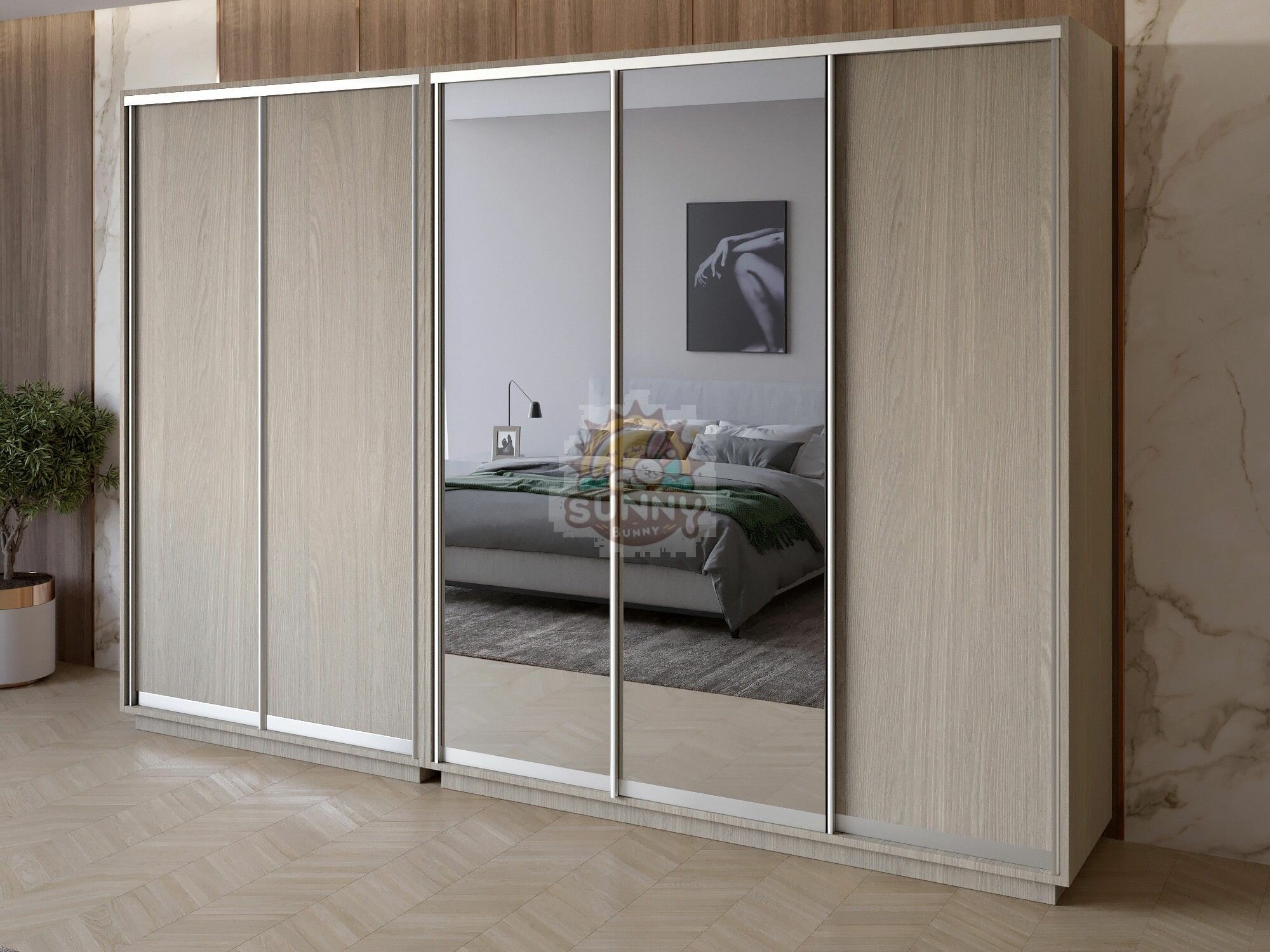 Шкаф-купе Вилли 5-ти дверный модульный (2+3) ЛДСП-3/Зеркало-2, профиль серебро, 300х60х220 см. Ясень Шимо светлый