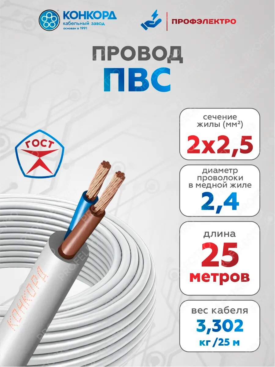 Электрический провод Конкорд ПВС 2 х 2,5 мм. 25 м.