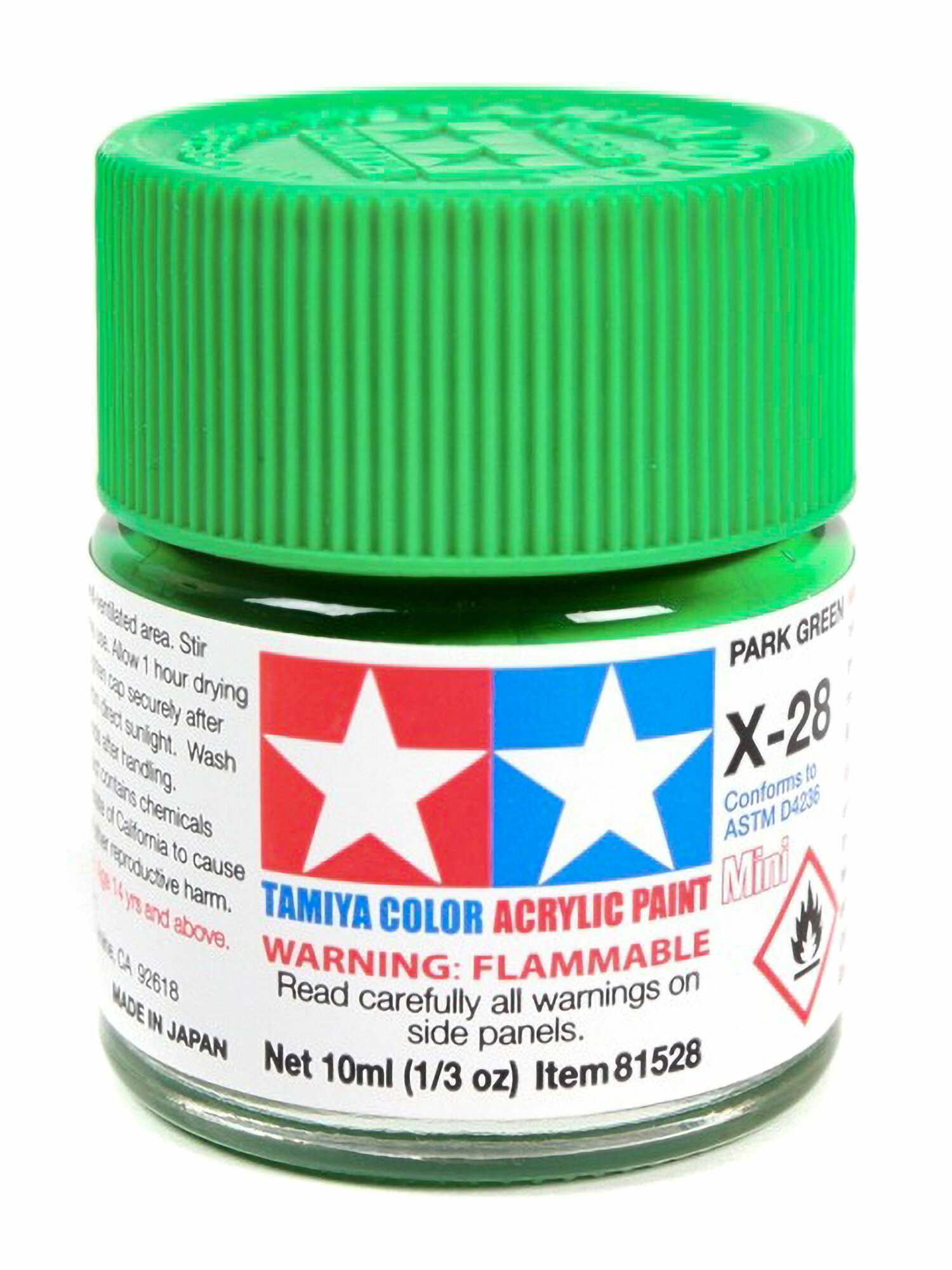 Краска акриловая Tamiya Color X-28 Park Green 81528 травяная зеленая глянцевая, 10 мл
