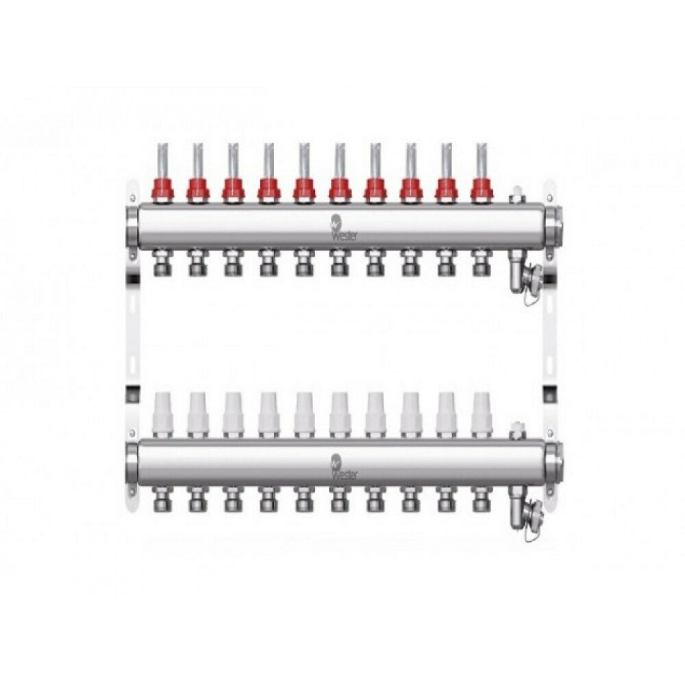 Коллекторная группа 1" из нерж. стали на 10 выходов 3/4"ЕК с расходомерами, коллектор W902 в сборе, Wester 0-32-1850