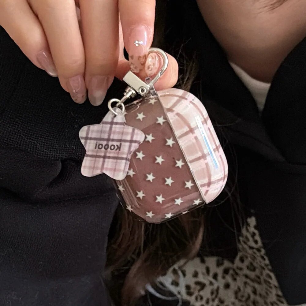Прозрачный коричневый клетчатый чехол для AirPods For AirPods 4 2024, With pendant