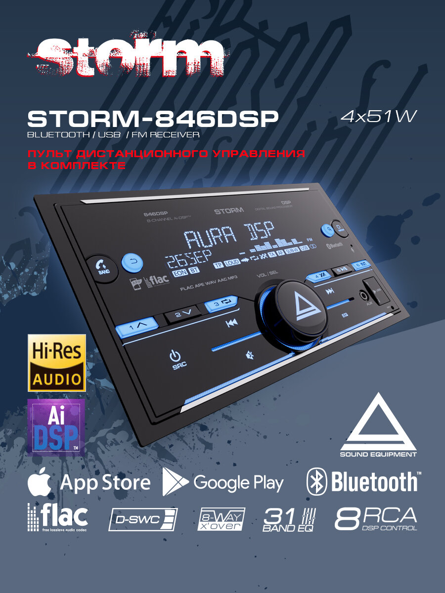 Магнитола автомобильная процессорный 2-DIN BT/USB ресивер AurA STORM-846DSP