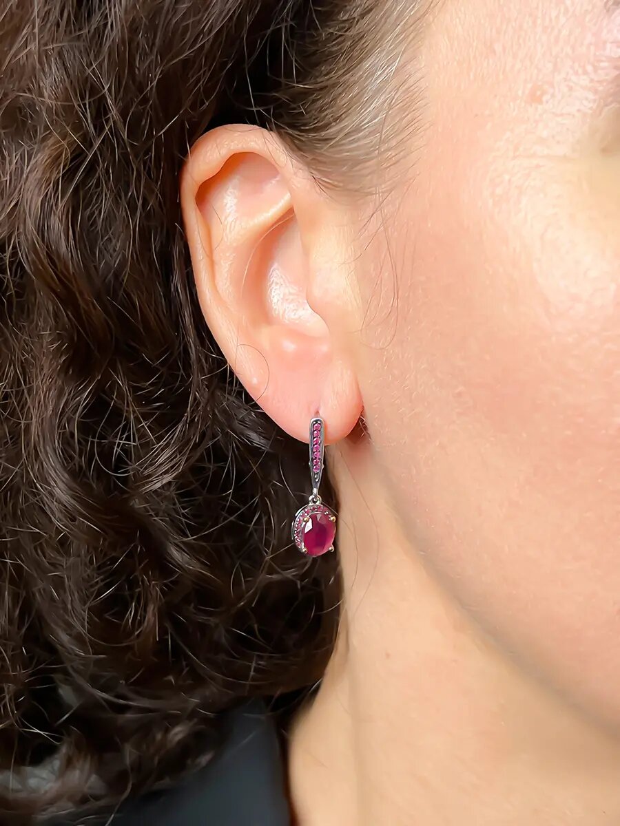 Серьги с подвесками, серебро, 925 проба, родирование, чернение, рубин