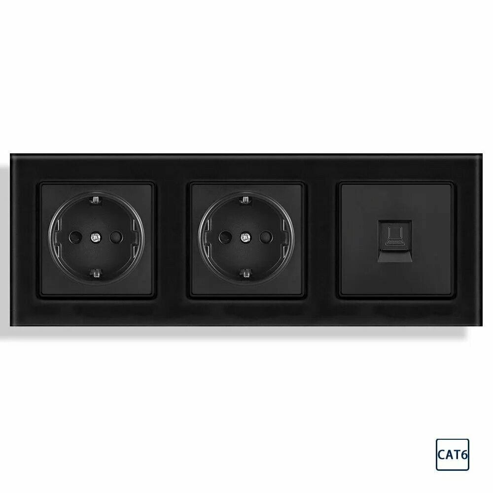 Розетка с заземлением 220В +розетка компьютерная rj45, 3 поста рамка закаленное стекло черный