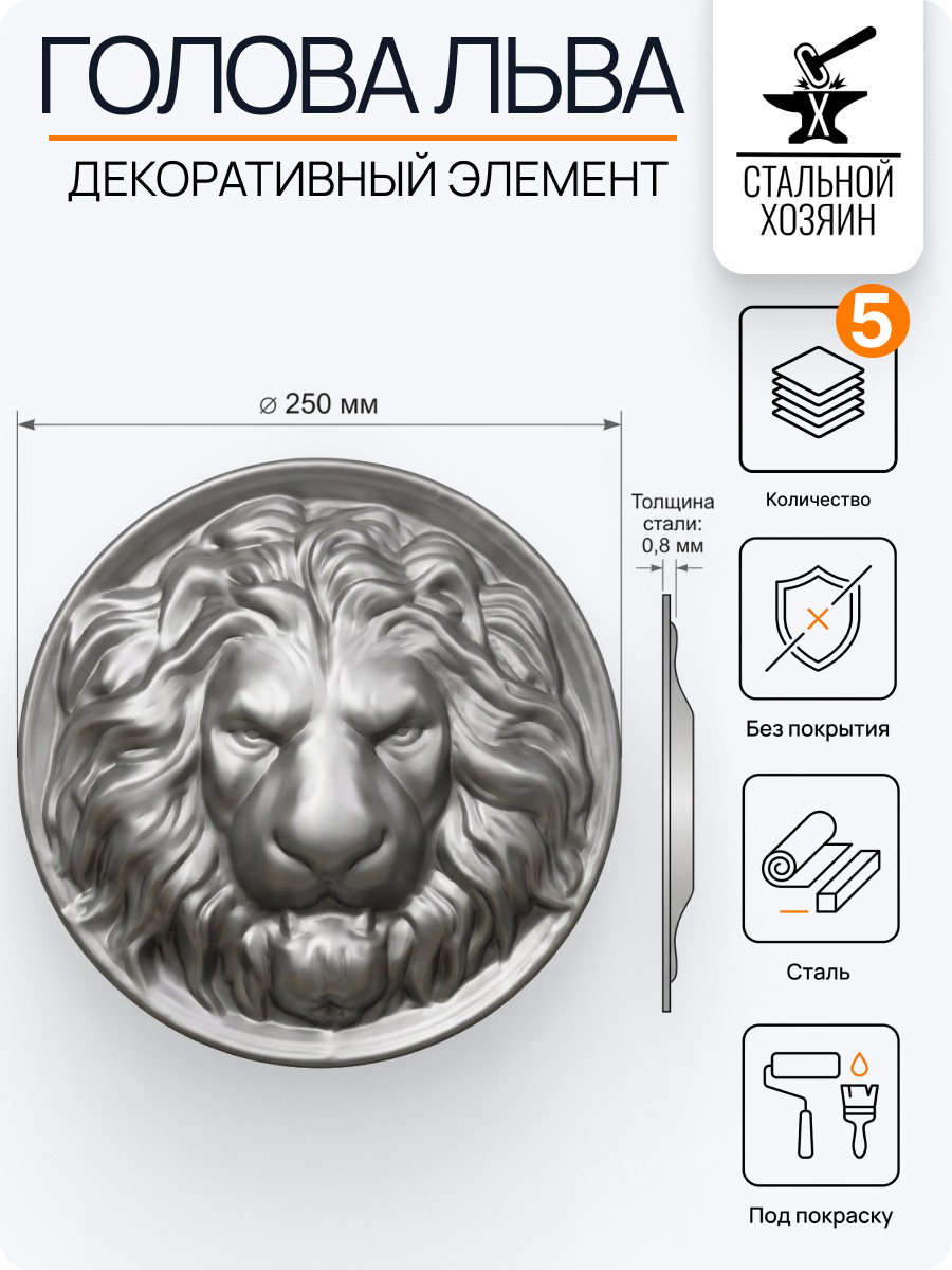 5 шт Кованый элемент Накладка стальная Голова Льва диаметр 260 мм