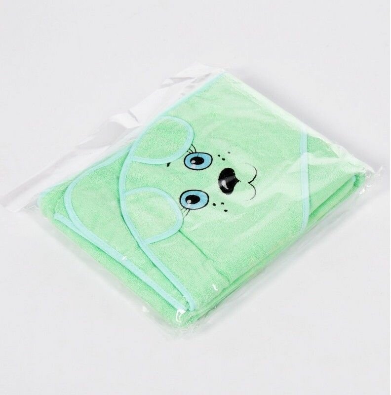 Полотенце Уголок с капюшоном махровое детское с вышивкой большое "Мишка" с ушками 100*100 см Фисташка