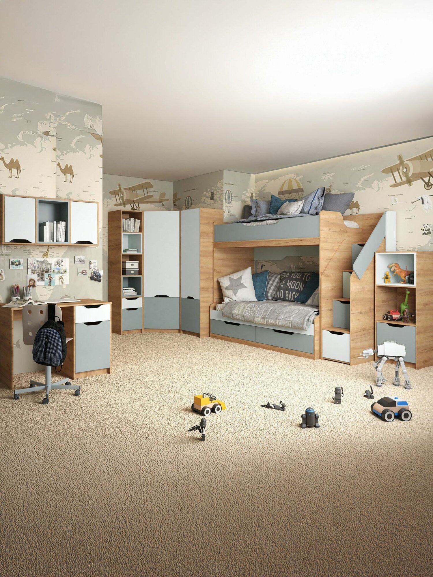 Комплект детской мебели Лео кровать-чердак, кровать, шкаф, стеллаж, письменный стол, настенная полка, Дуб Крафт золотой / Сумеречный голубой / Пастельный зеленый