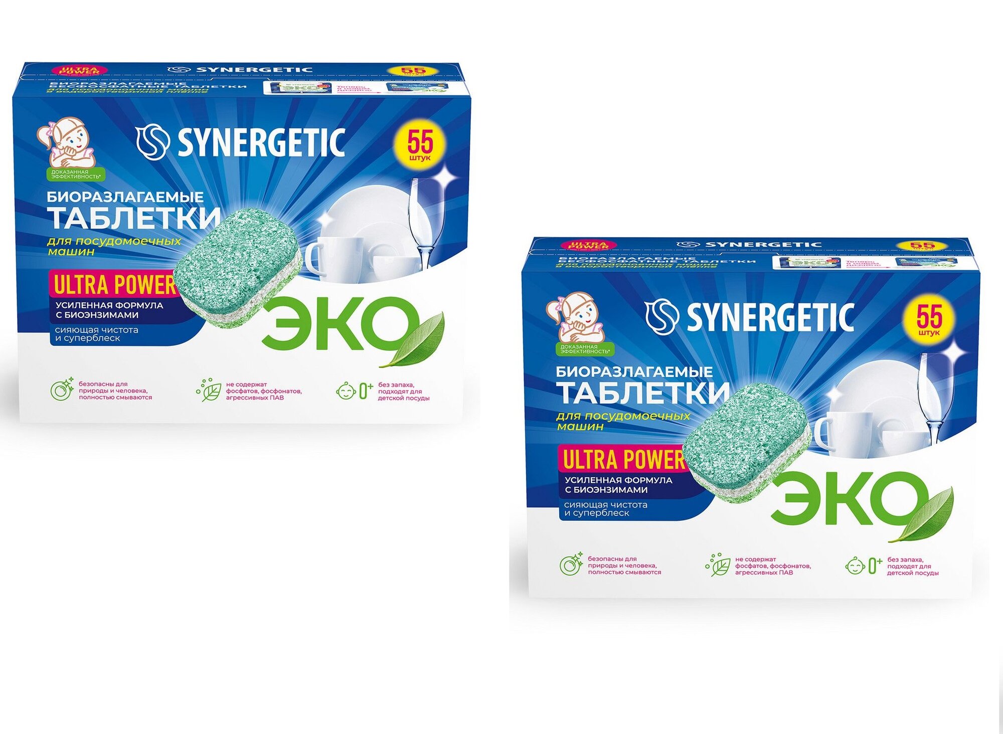 Бесфосфатные таблетки Synergetic для посудомоечных машин Ultra power 55шт, 2упаковки