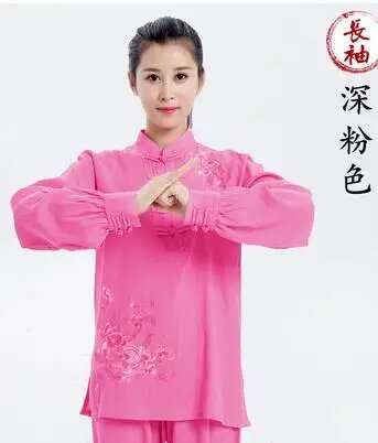 Женский вышитый костюм ушу из льна Розовый, М, Бежевый